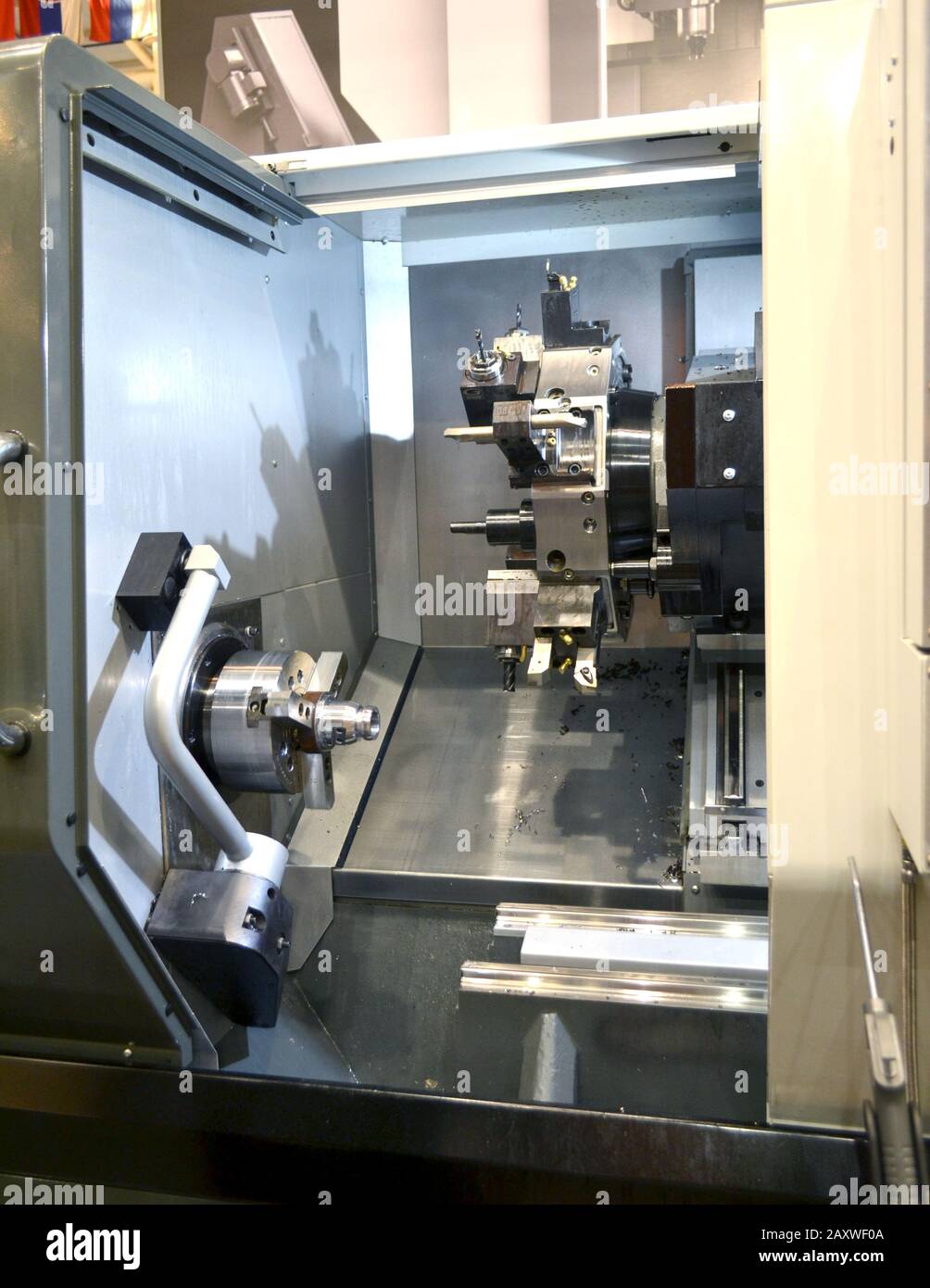 Lathe inside close-up. Industrial production heavy machinery Stock ...
