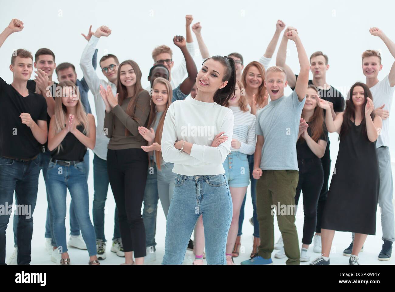 happy group leader standing in front of her team Stock Photo - Alamy