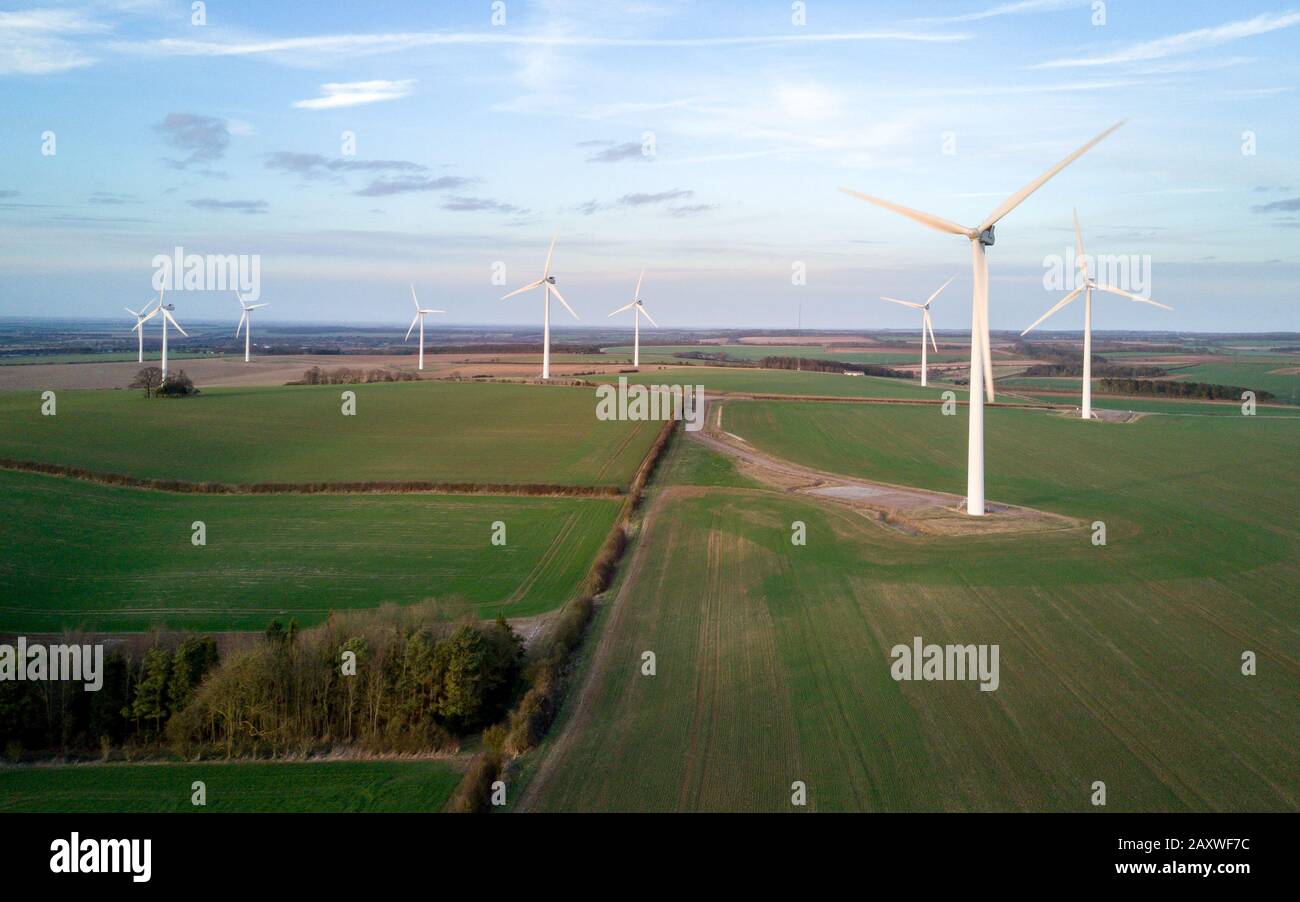 Wind farm in rural England. Aerial view of windmills in a modern wind ...