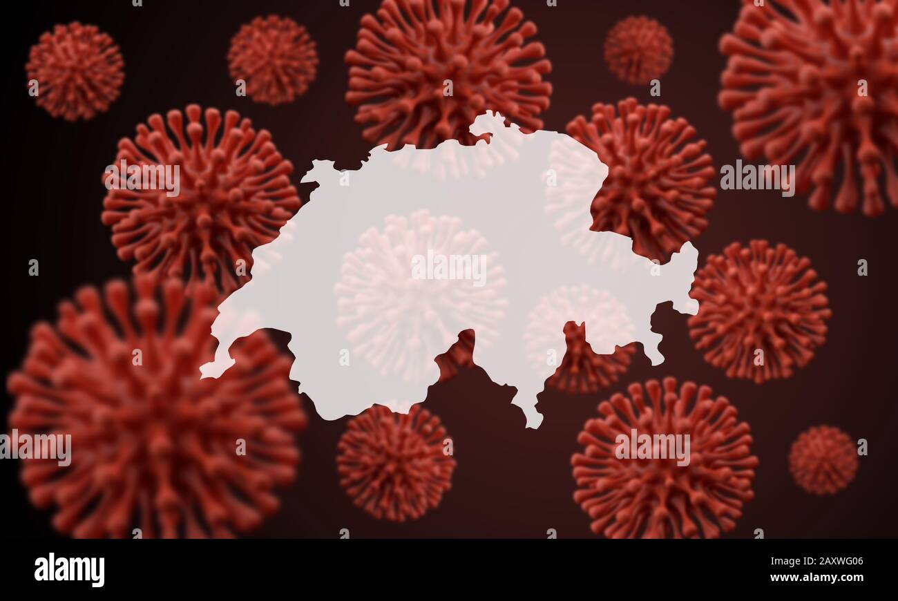 Switzerland map over a scientific virus microbe background. 3D ...