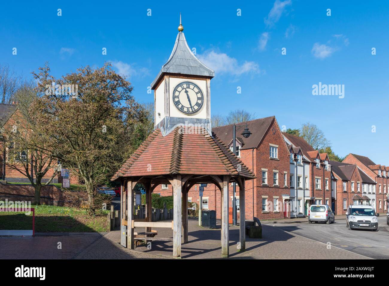 Small open clock tower in the centre of the village of Kinver, South ...