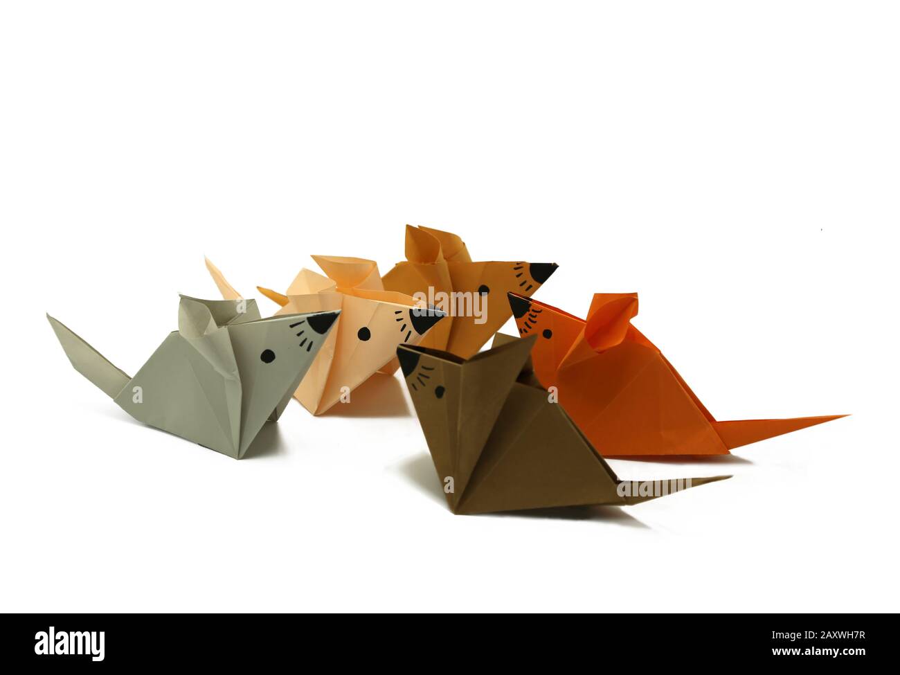 Colorful origami mice isolated on white background. Group of paper mice ...