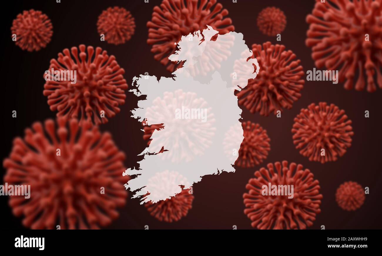Ireland map over a scientific virus microbe background. 3D Rendering ...