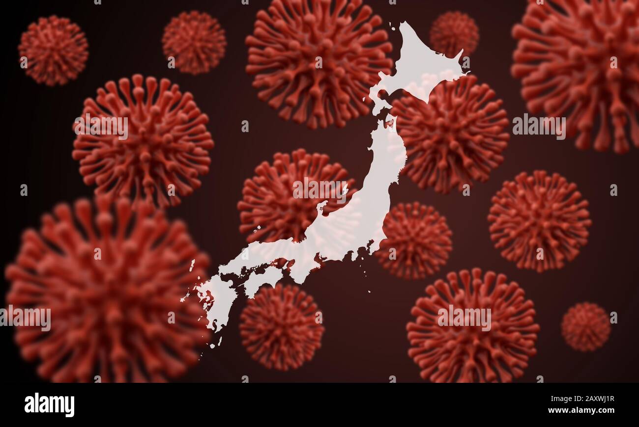 Japan map over a scientific virus microbe background. 3D Rendering ...