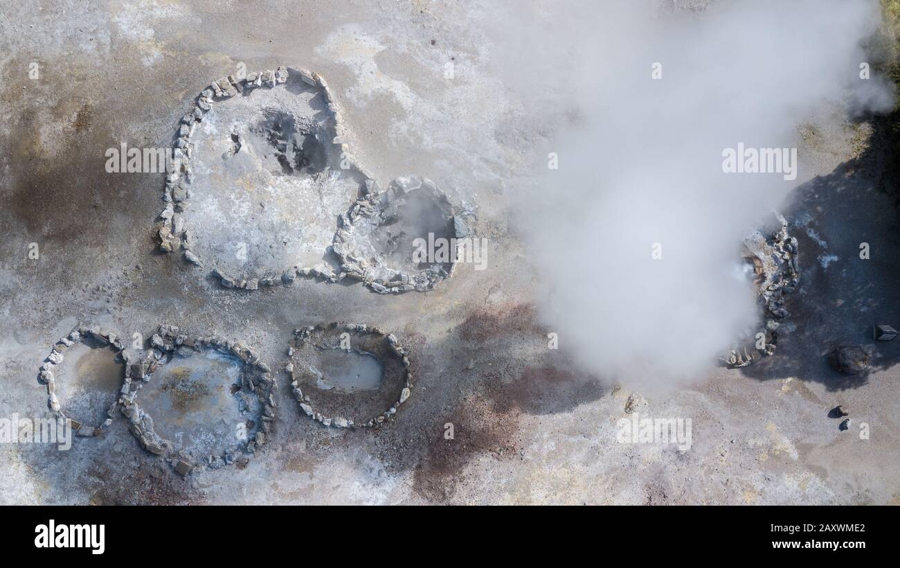 Drone aerial view of hot water springs at Furnas fumaroles in Sao ...