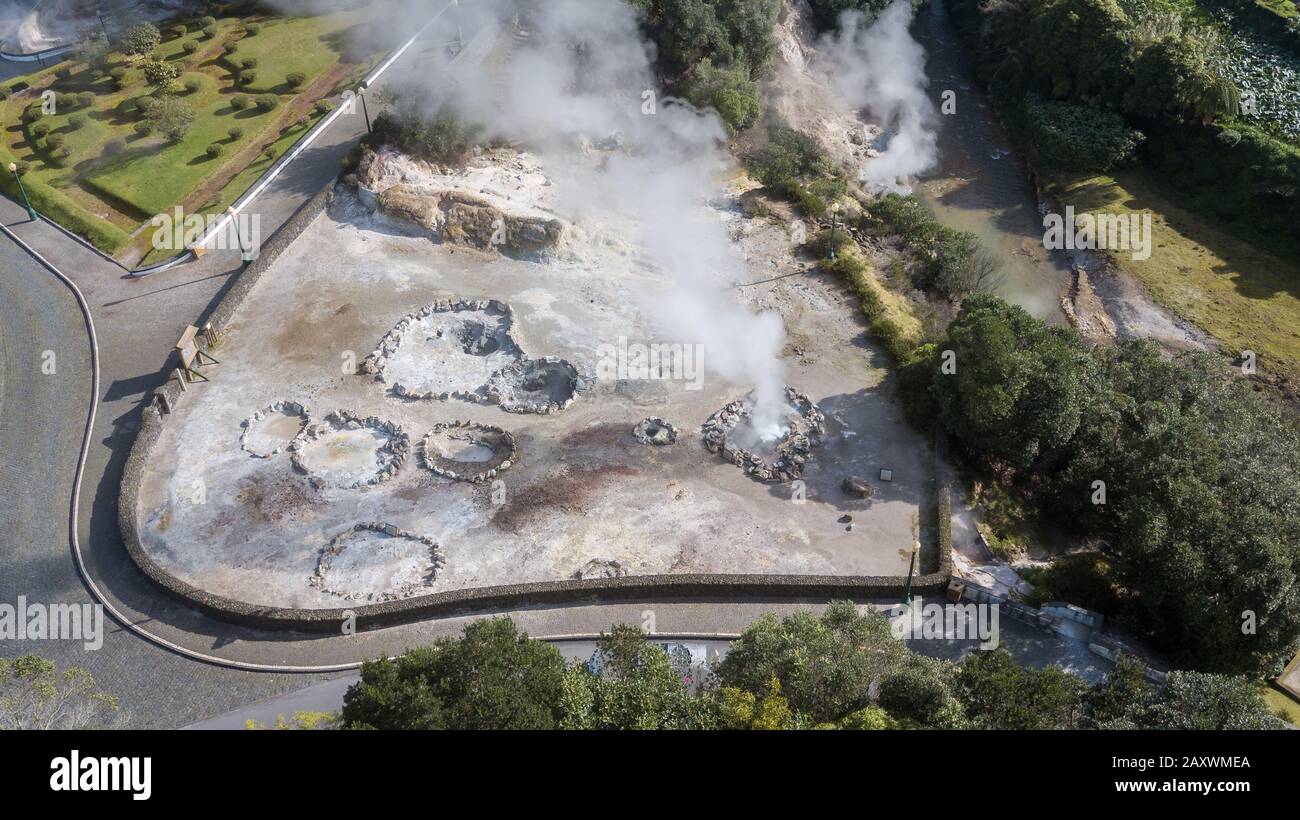 Drone aerial view of hot water springs at Furnas fumaroles in Sao ...