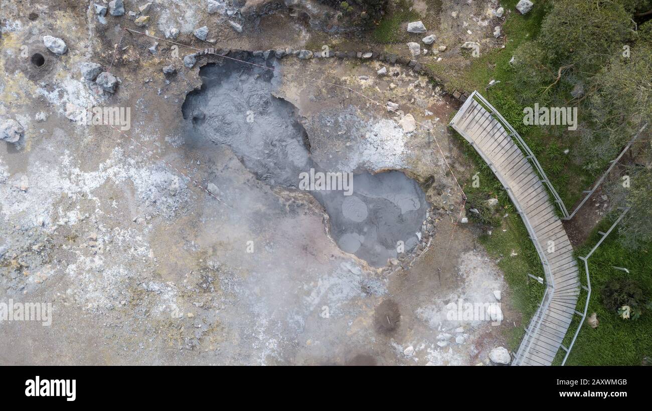 Drone aerial view of hot water springs at Caldeiras fumaroles in Furnas ...
