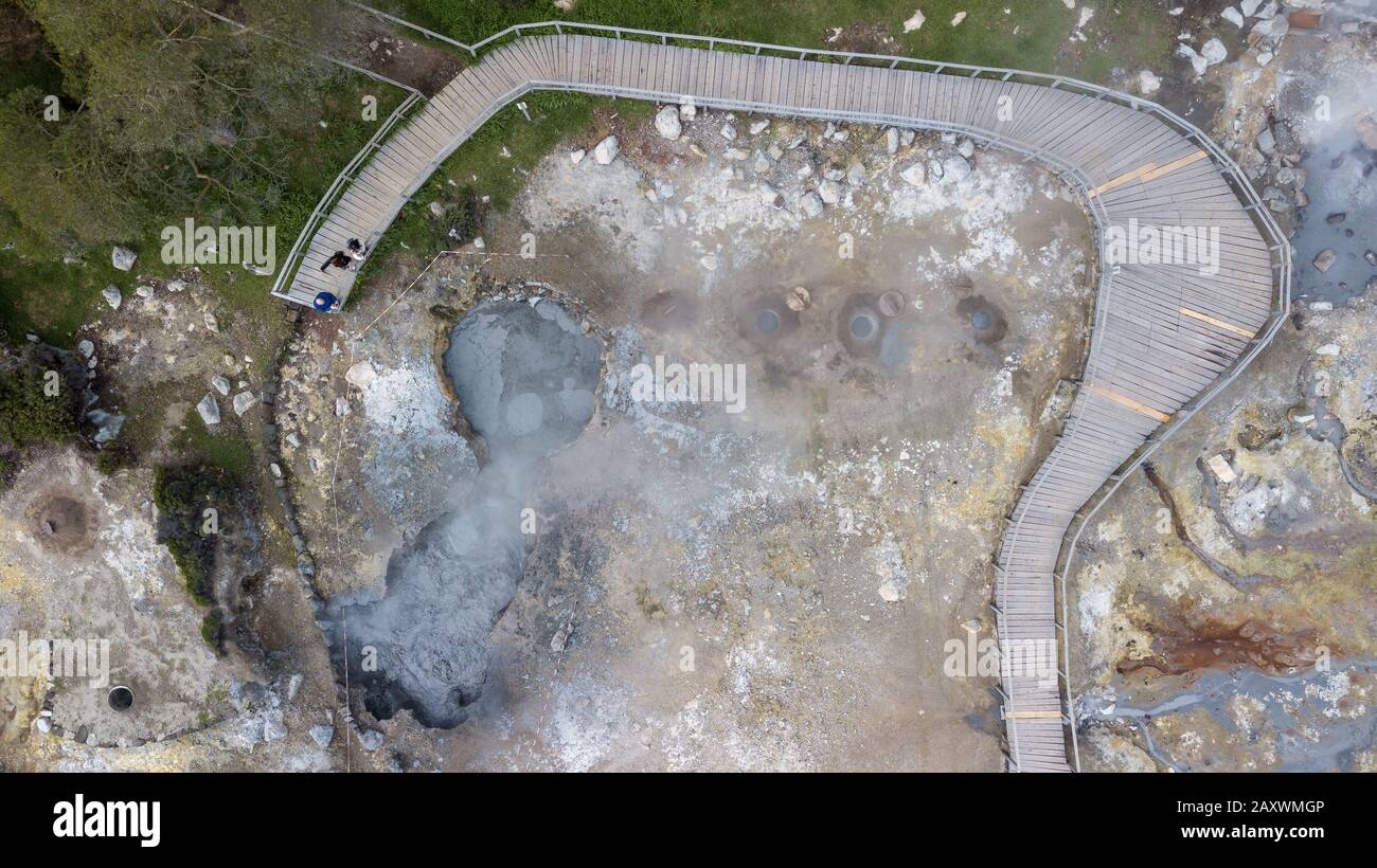 Drone aerial view of hot water springs at Caldeiras fumaroles in Furnas ...