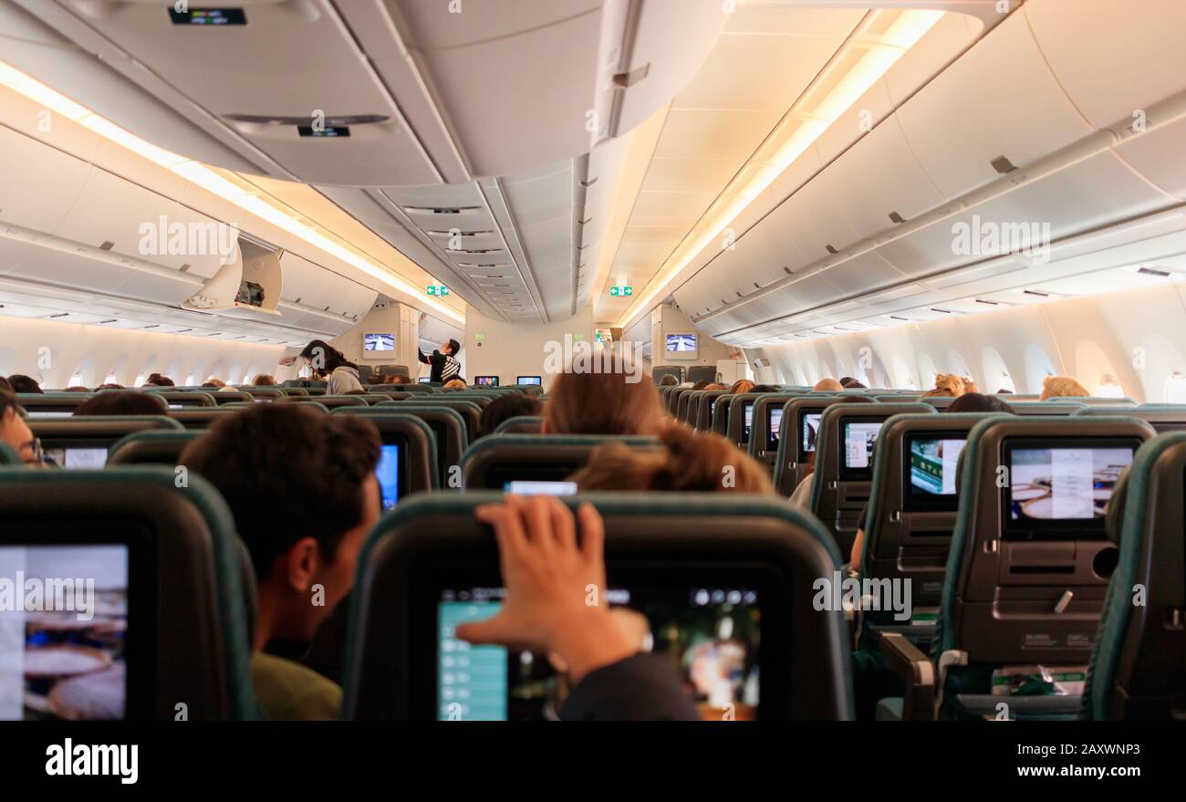 Schiphol, Netherlands - August 21, 2019: Inside Cathay Pacific flight ...
