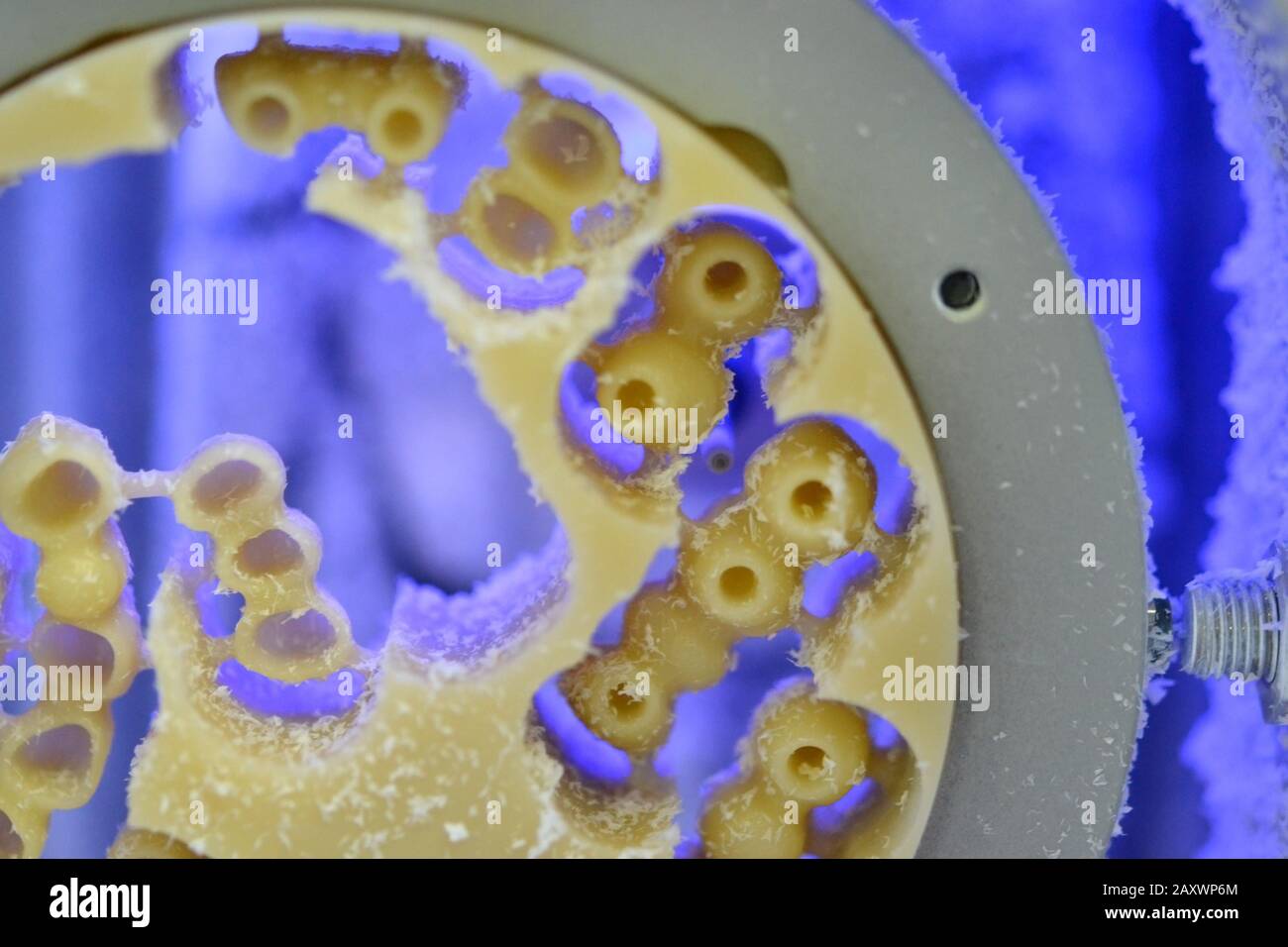 Dental milling machine carving out shape of human teeth close-up ...