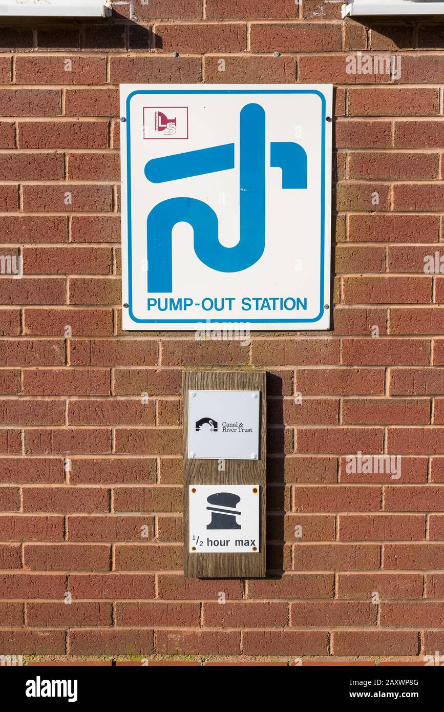 Sign for pump-out station for narrowboats on the River Stour at Kinver ...