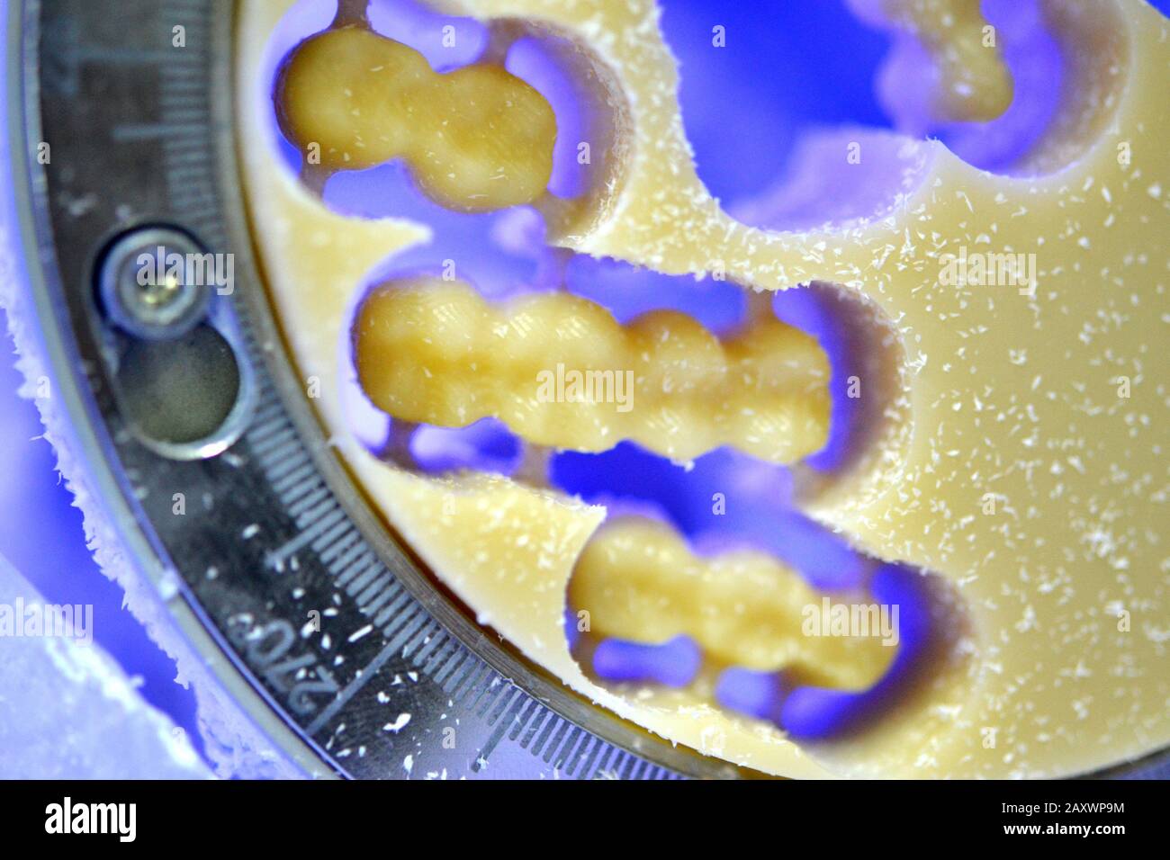 Dental milling machine carving out shape of human teeth close-up ...