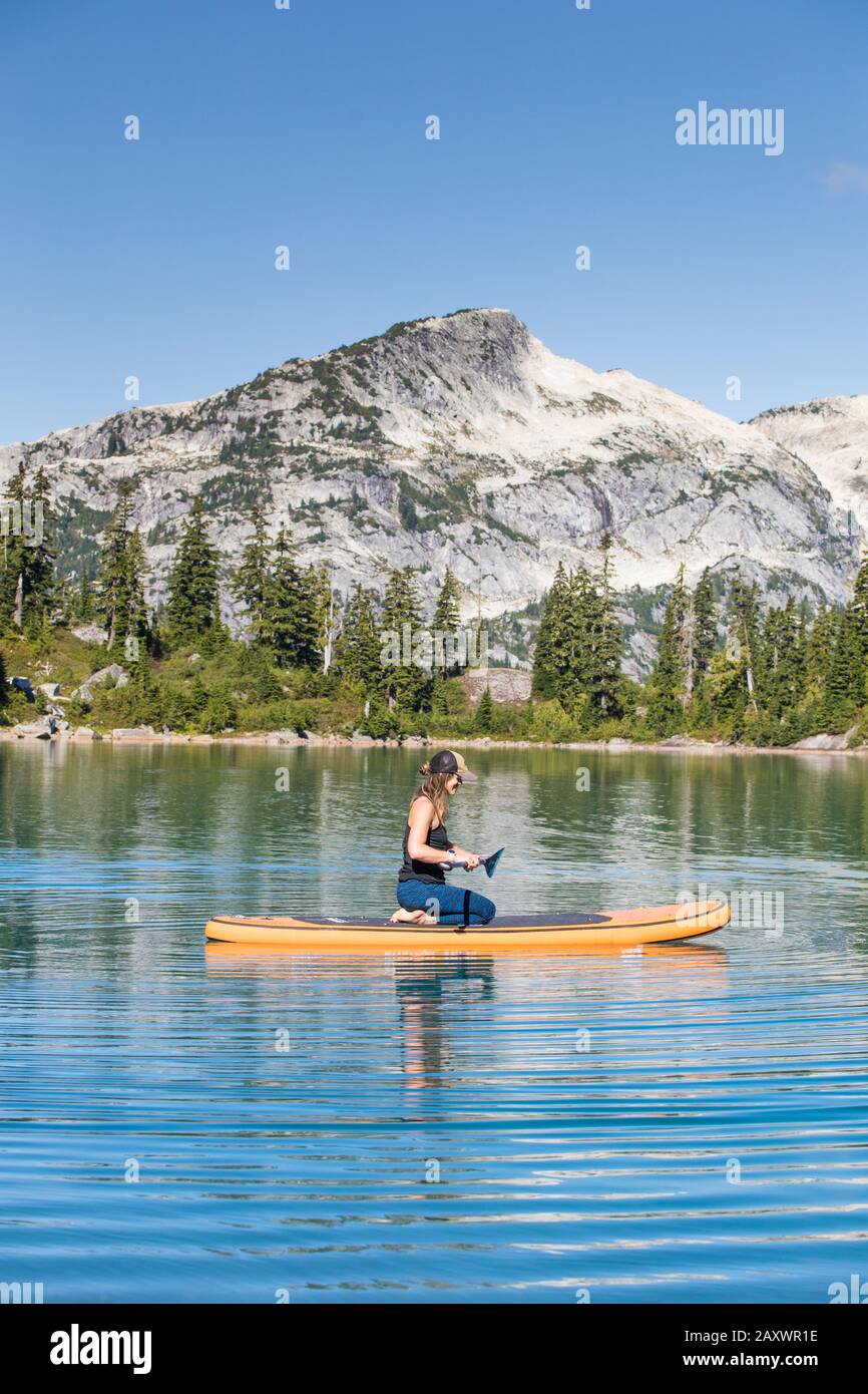 Side view of attractive active woman kneeling on paddle board Stock ...