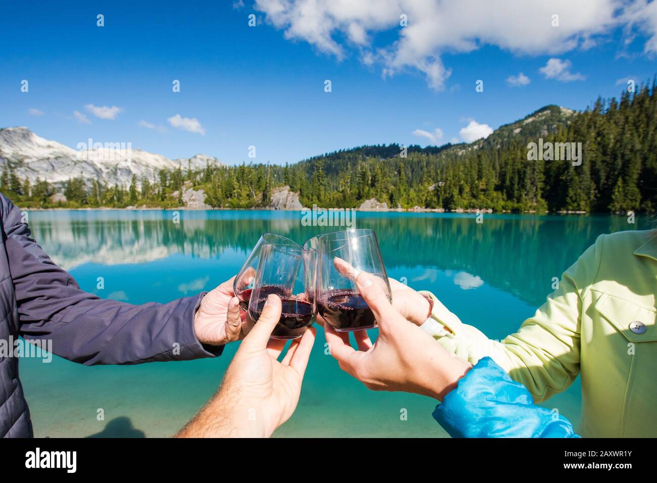 Family of four cheers with red wine at the lake Stock Photo - Alamy