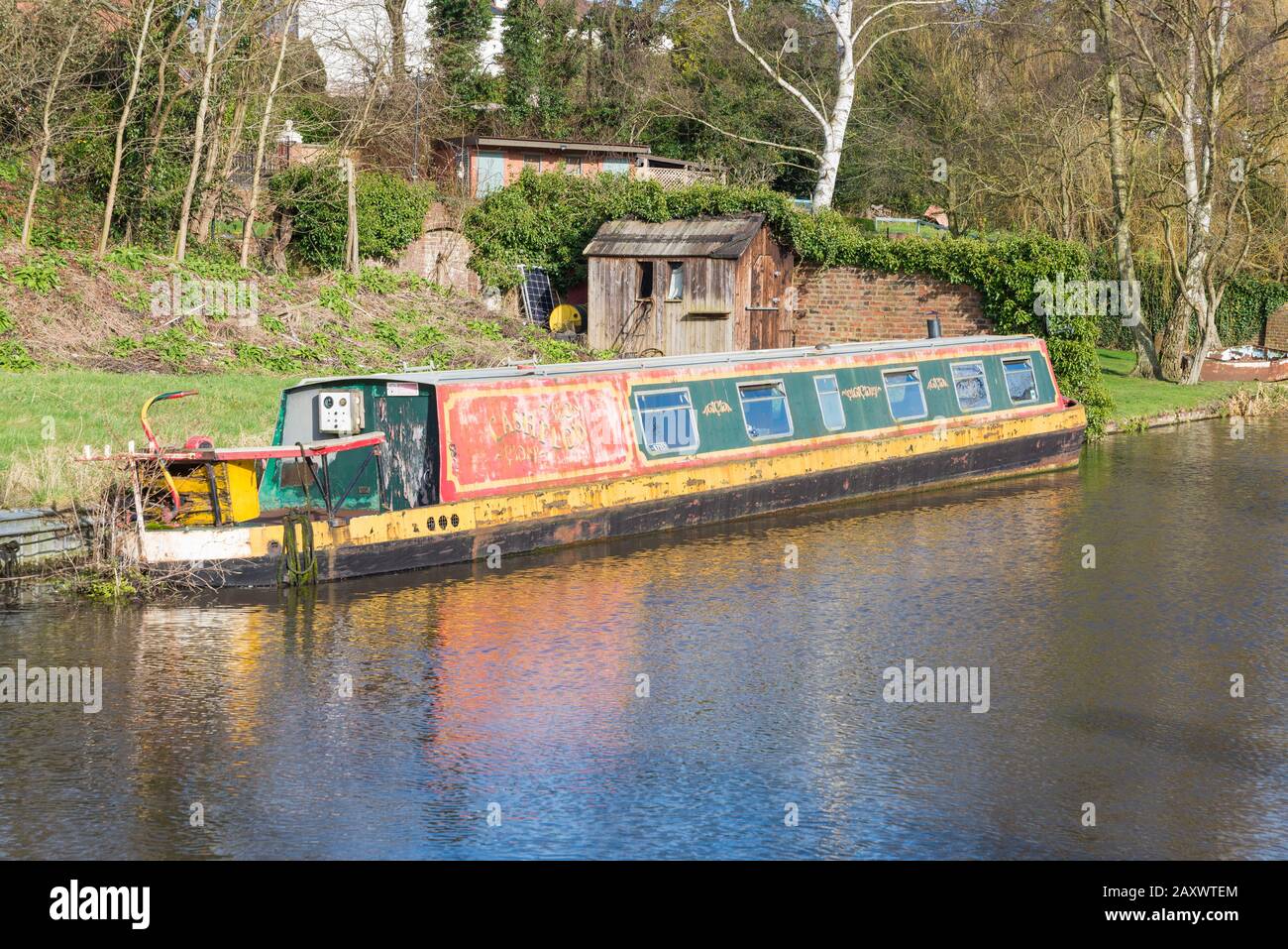 Neglected narrowboat on the River Stour at Kinver Lock, South ...