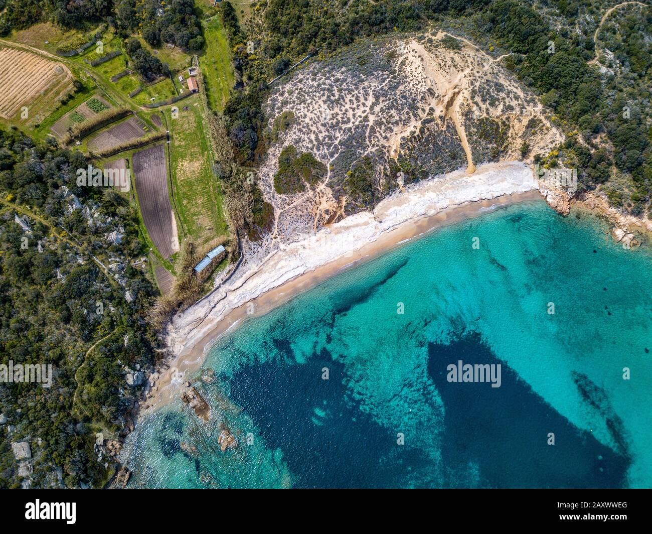 BEAUTIFUL AERIAL VIEW OF THE BEACH OF CALA DI TRANA WITH ITS GOLDEN ...