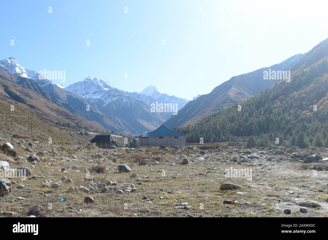A mountain Alpine hut cabin in high Himalayas mountains, located to ...