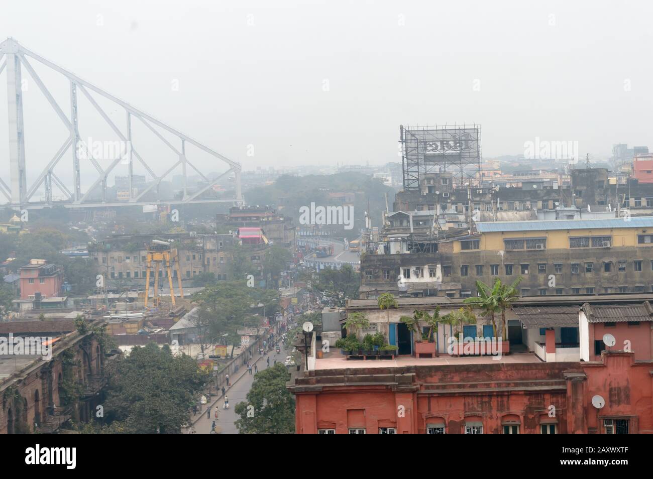 Aerial view rooftop of Calcutta city life of Hooghly riverside ...