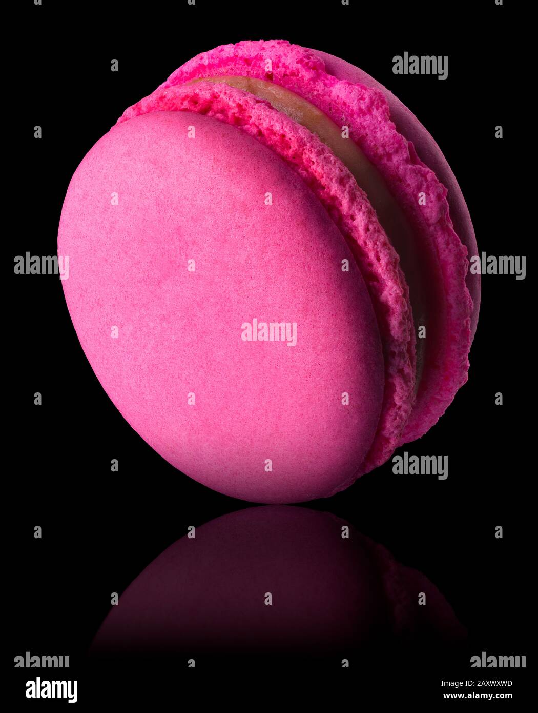 Macro photo of french pink rose macaroon isolated on black with ...