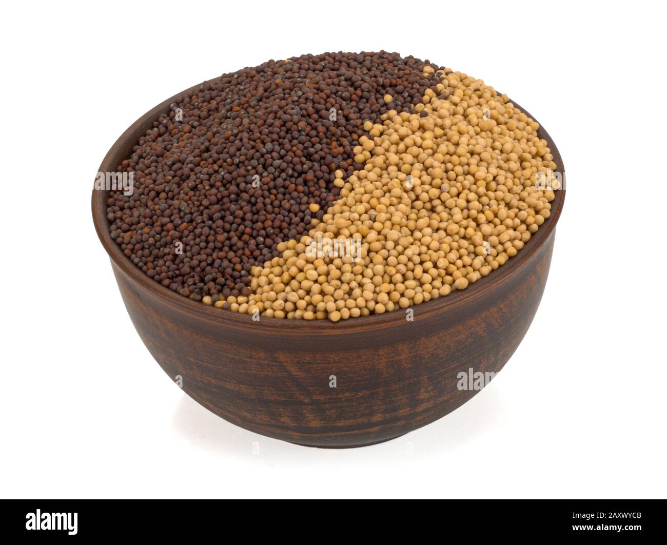 Mustard seeds black and white in a plate isolated on a white Stock ...