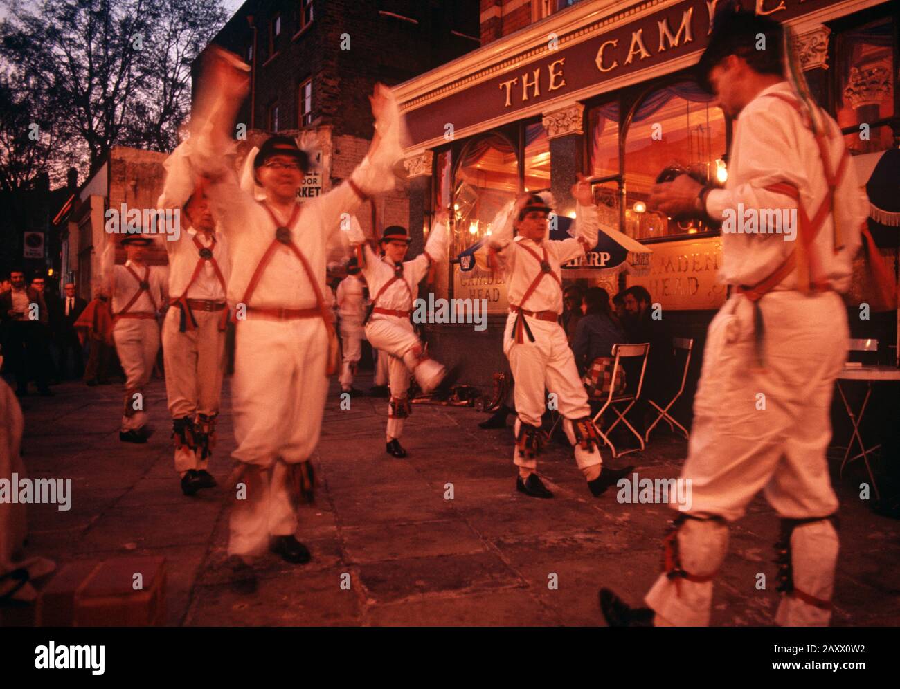 Morris dancers, English folk dance, outside pub Camden Head, Islington ...