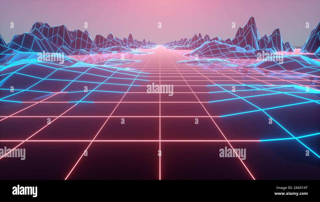 Retro futuristic background 1980s style. Digital landscape in a cyber ...