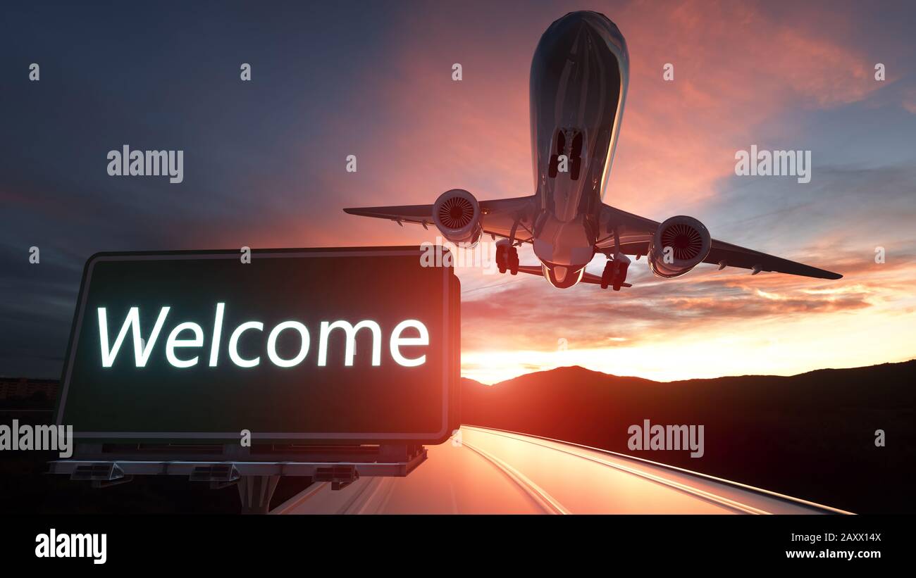 Welcome Green Road Sign and Airplane Above with Dramatic Blue Sky and ...