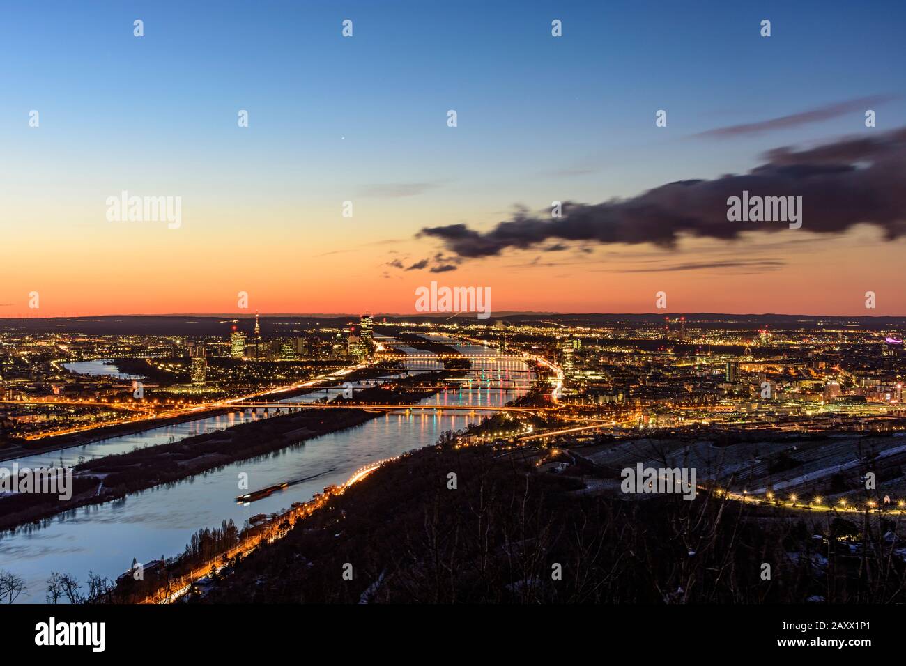 Wien, Vienna: view from mountain Leopoldsberg to Vienna city, Donaucity ...