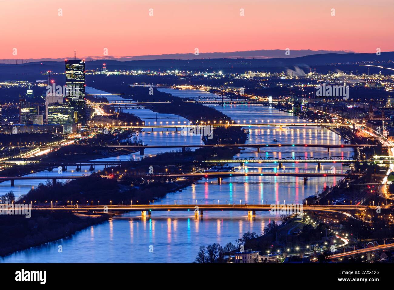 Wien, Vienna: view from mountain Leopoldsberg to Vienna city, Donaucity ...