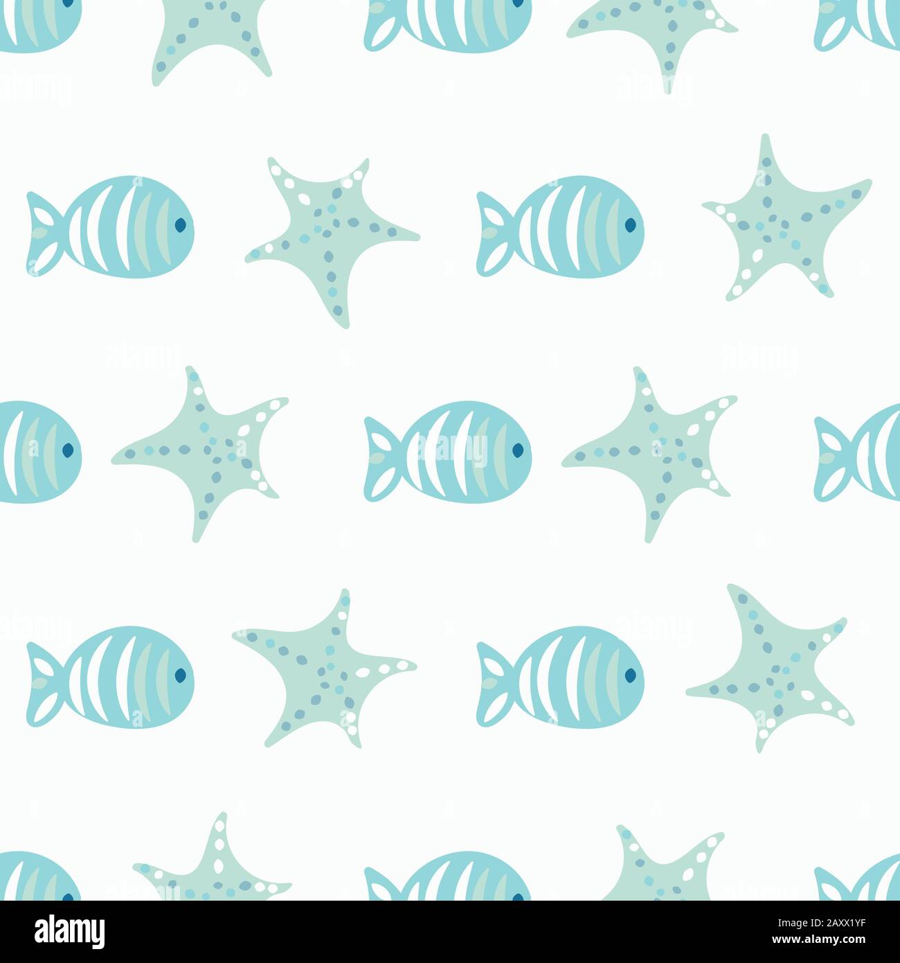 cute simple fish and starfish seamless vector pattern in pastel blue on ...