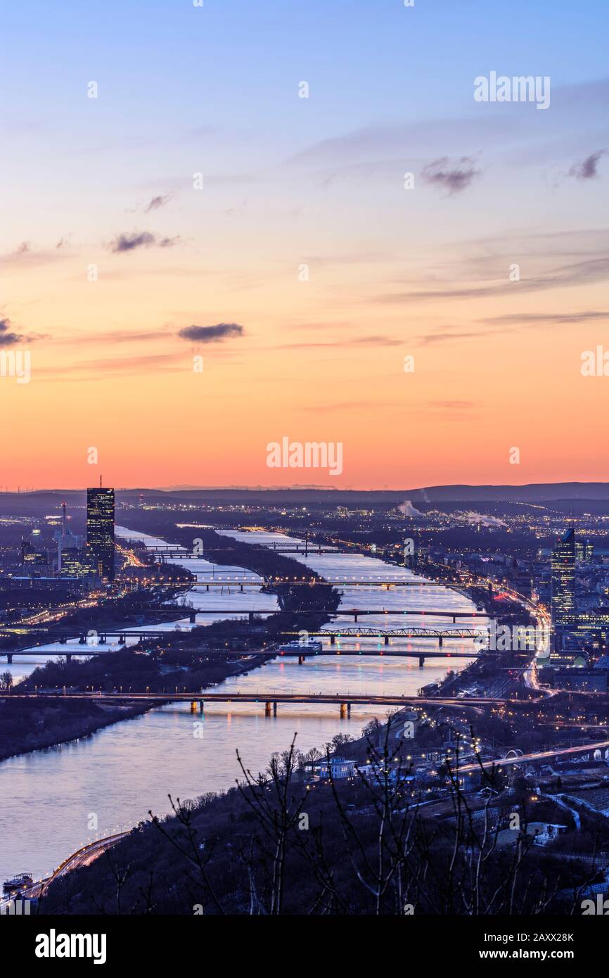 Wien, Vienna: view from mountain Leopoldsberg to Vienna city, Donaucity ...
