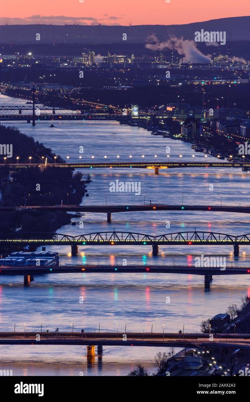 Wien, Vienna: view from mountain Leopoldsberg to Vienna city, Donaucity ...