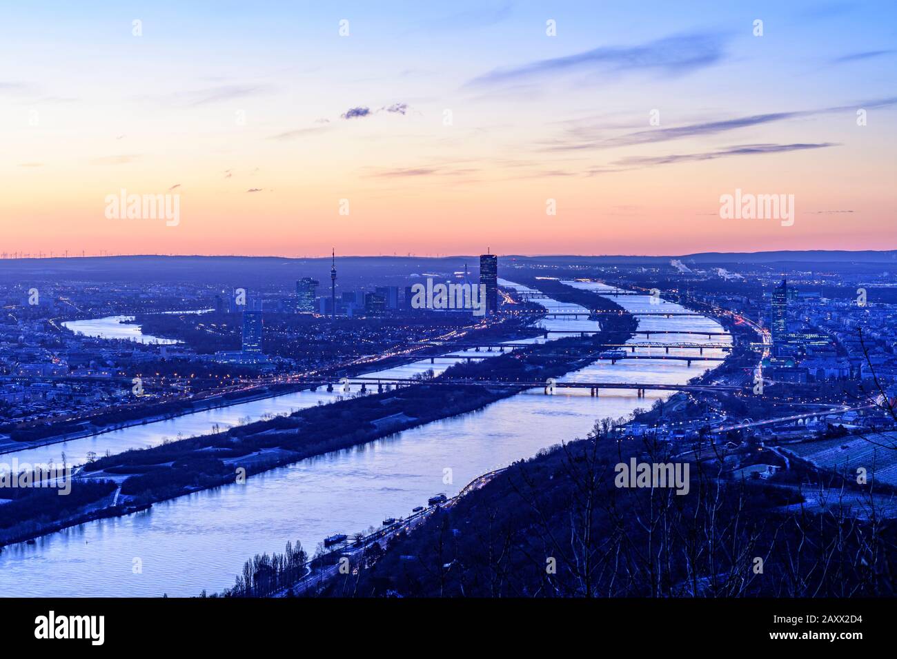 Wien, Vienna: view from mountain Leopoldsberg to Vienna city, Donaucity ...