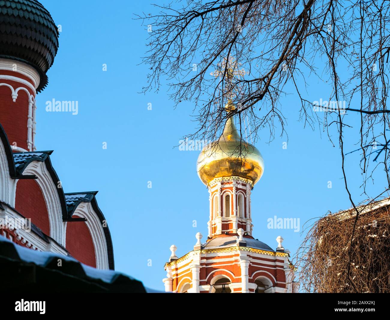 bare tree branches and bell tower of Gate Church of the Protection of ...