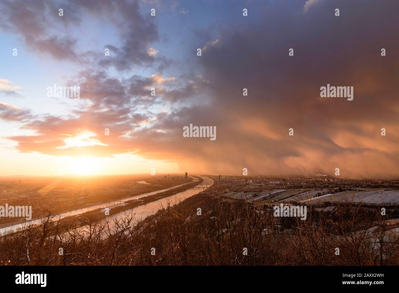 Wien, Vienna: view from mountain Leopoldsberg to Vienna city, Donaucity ...