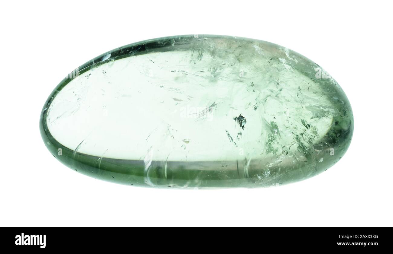 polished prasiolite (green quartz) gemstone cutout on white background ...