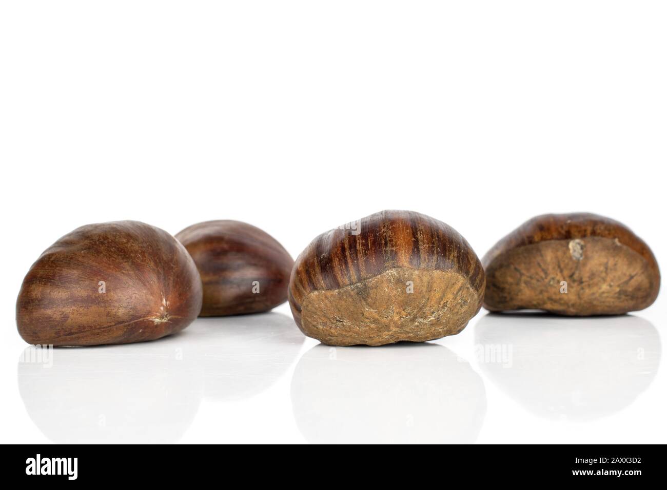 Group of four whole edible brown chestnut isolated on white background ...
