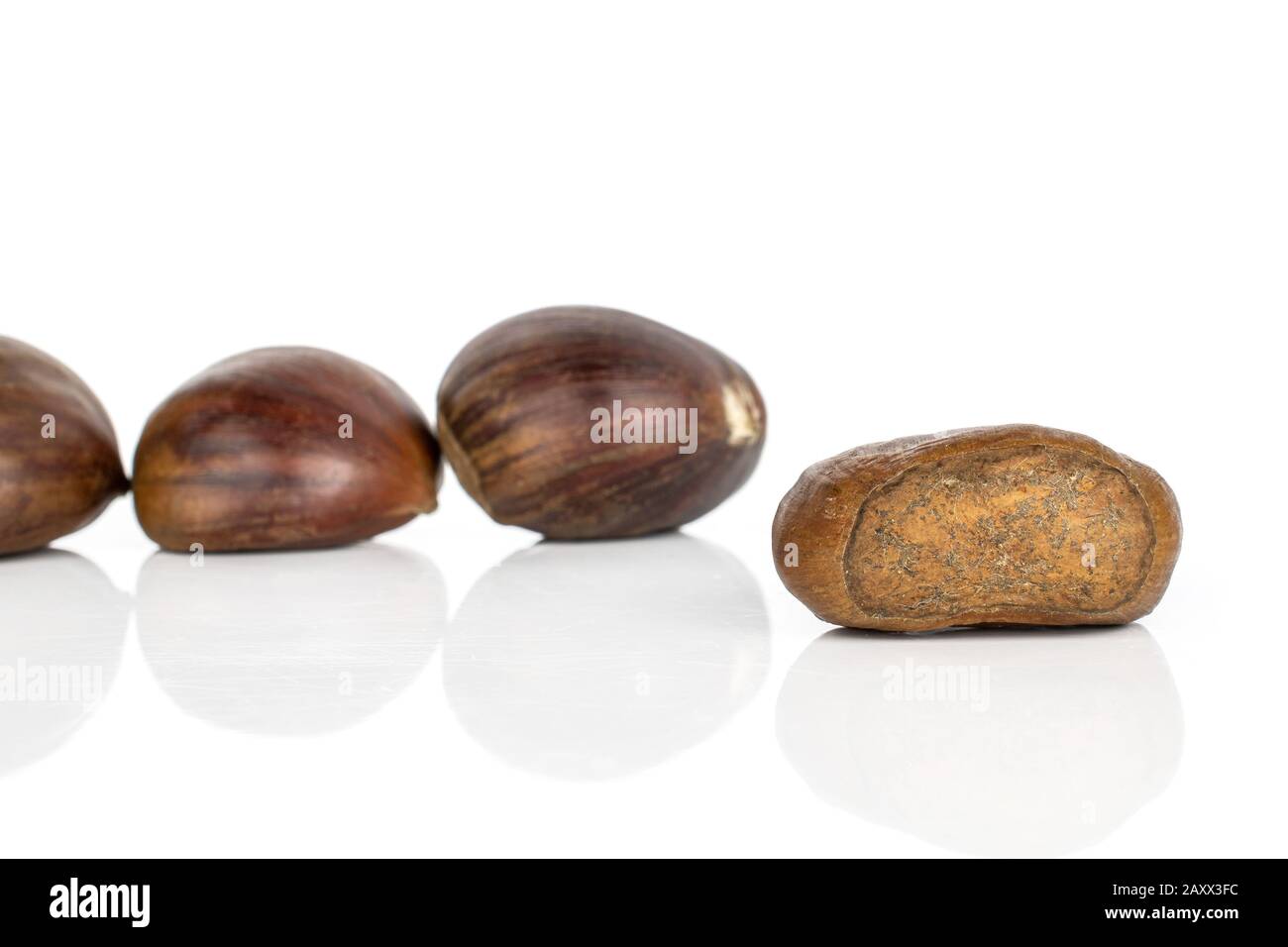 Group of four whole ripe edible brown chestnut isolated on white ...