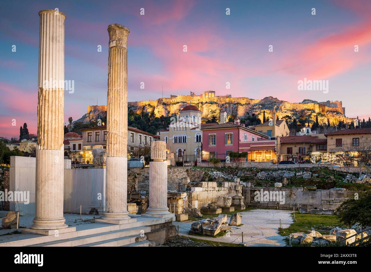 Remains of Hadrian's Library and Acropolis in the old town of Athens ...