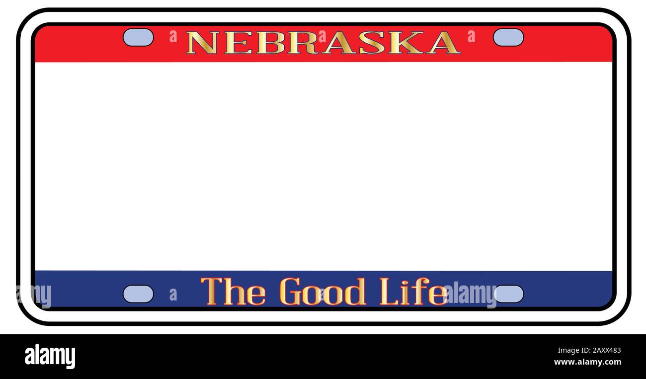 Blank Nebraska state license plate in the colors of the state flag over ...