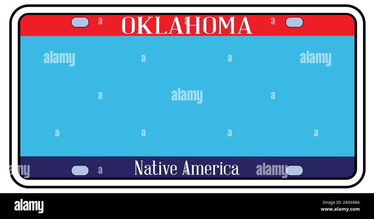 Blank Oklahoma state license plate in the colors of the state flag over ...
