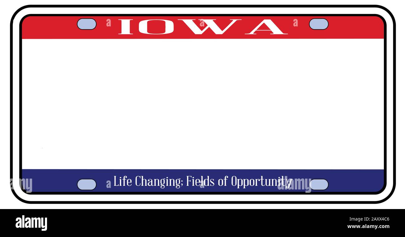 Blank Iowa state license plate in the colors of the state flag over a ...