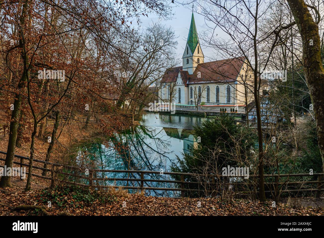 Blue karst spring 'Blautopf' with the hammermill and the Blaubeuren ...