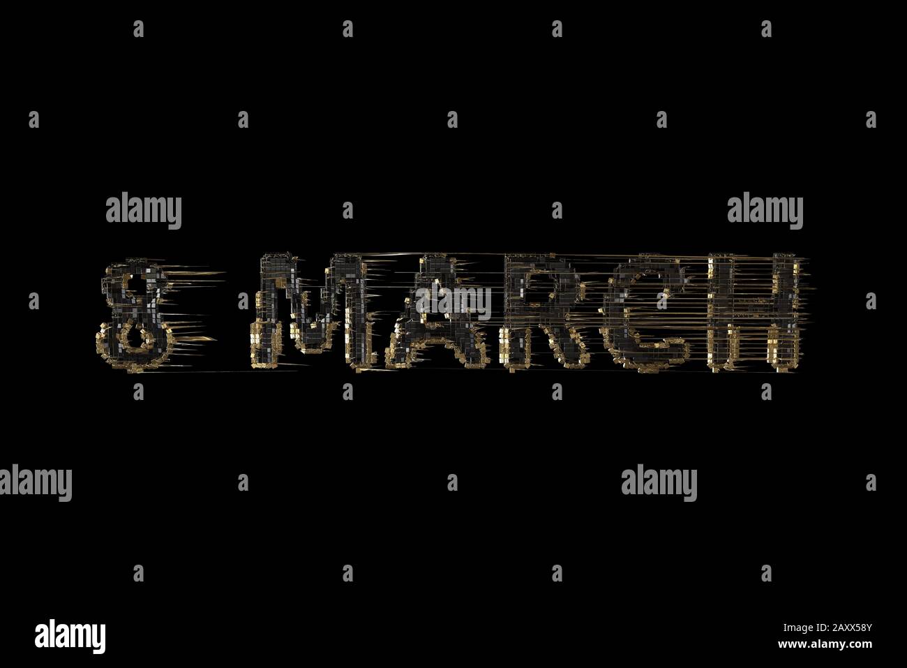 Glitch 8 March symbol. Figure of eight made of black gold city blocks ...