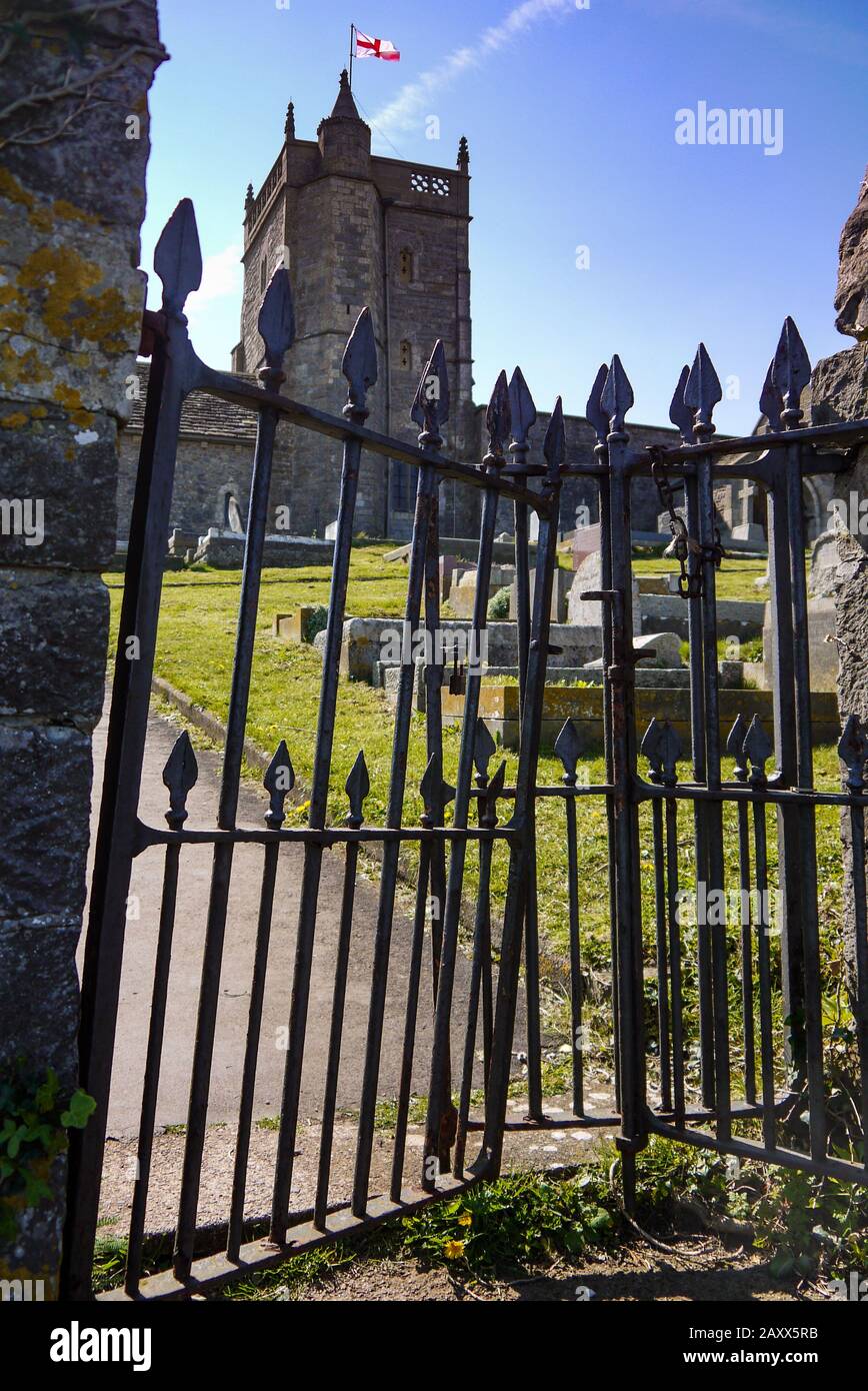 Old iron gate at old church of St Nicholas, Uphill, North Somerset, UK ...