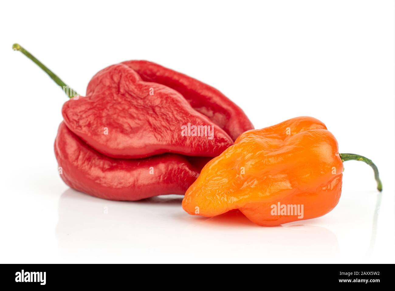 Group of two whole red orange hot chili pepper isolated on white ...