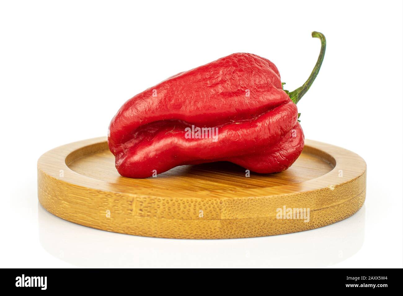 One whole hot chili pepper on bamboo coaster isolated on white ...