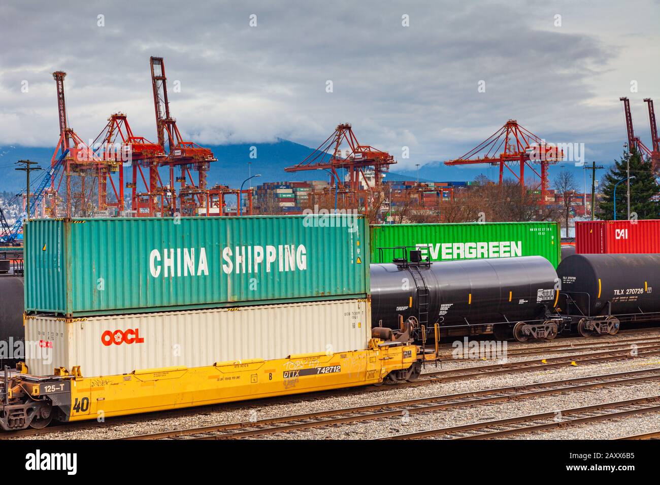 Railway tracks with containers by the Vancouver Container Port in ...