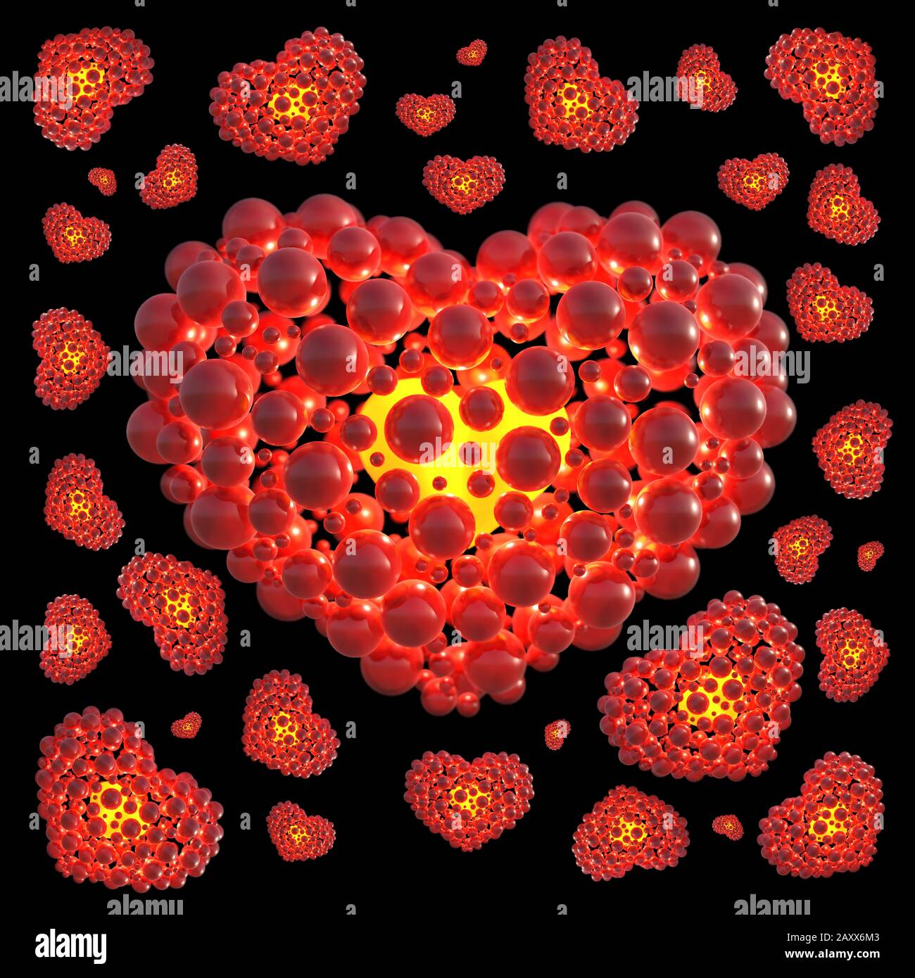 Red hearts made of spheres with reflections isolated on black ...