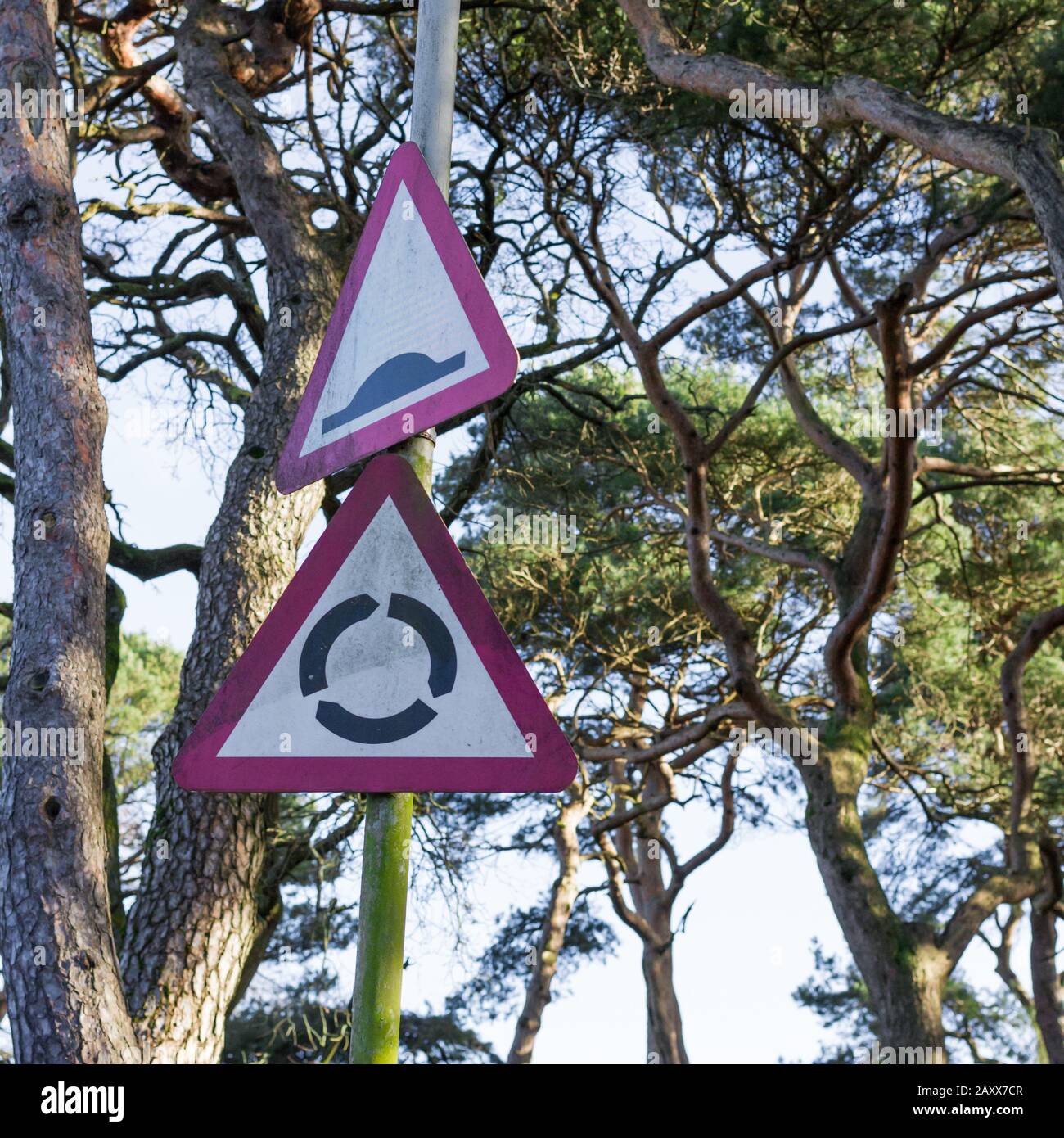 Red triangular road traffic warning signs for Humps & Roundabout ...